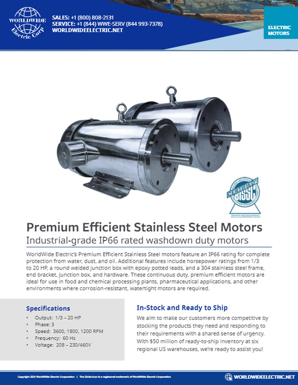 Premium Efficient Stainless Steel Motor, 15HP, 1800 RPM, 230/460V ...